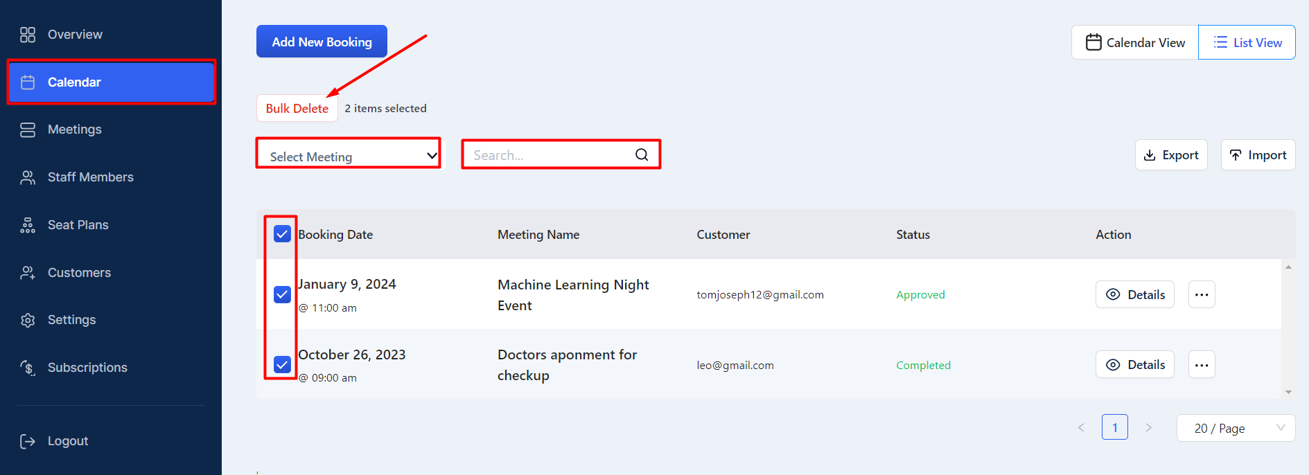 List view of Bookings – Timetics