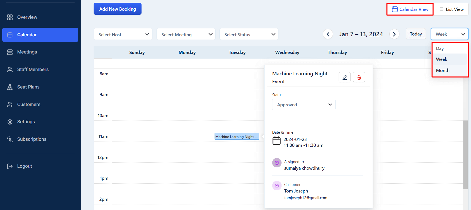Calendar View of Booking – Timetics