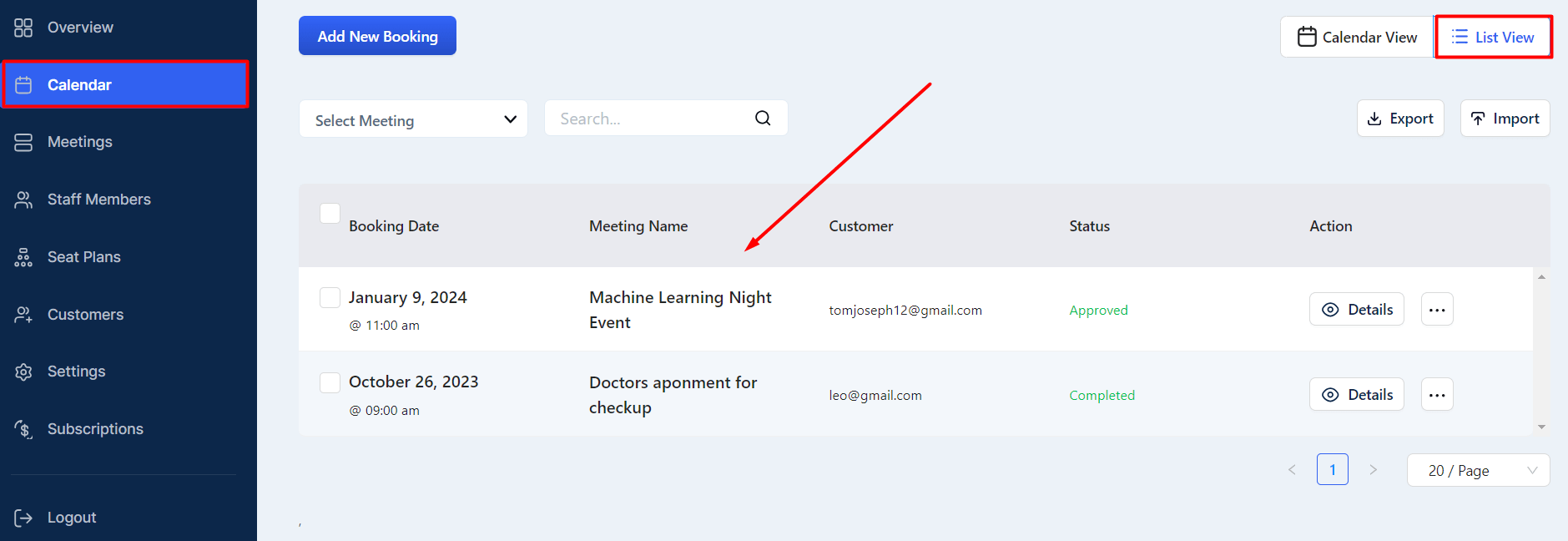 List view of Bookings – Timetics