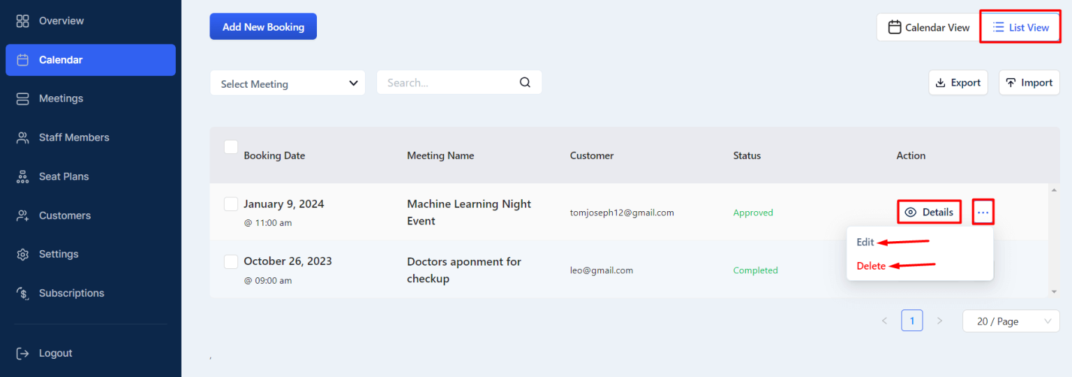 List view of Bookings – Timetics