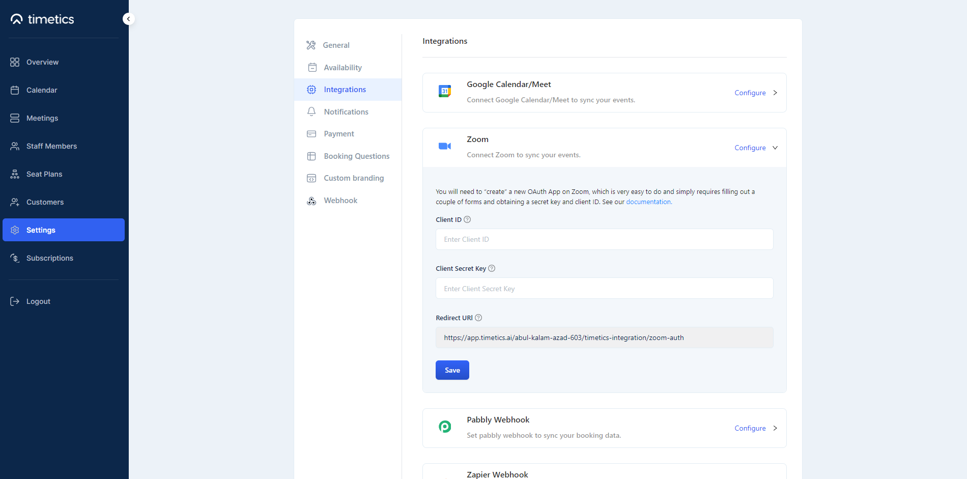 Zoom Integration – Timetics